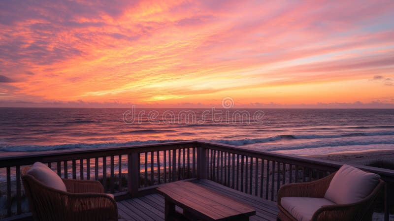 Vibrant Sunset Over Ocean Viewed from a Wooden Terrace Stock ...
