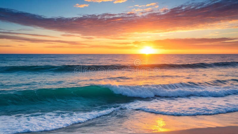 Vibrant Sunset Over Ocean Waves and Colorful Sky Stock Photo - Image of ...