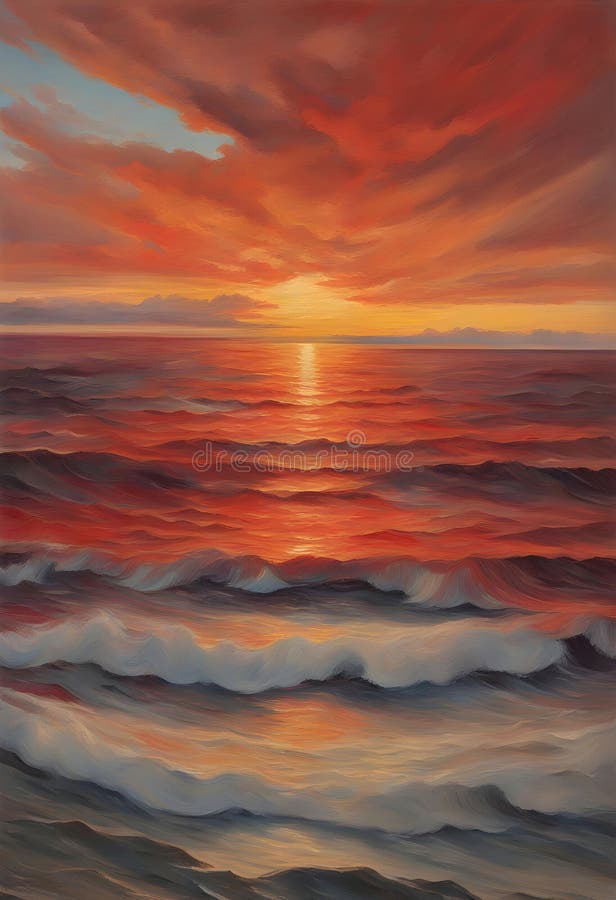 Vibrant Sunset Over Ocean Waves Stock Illustration - Illustration of ...