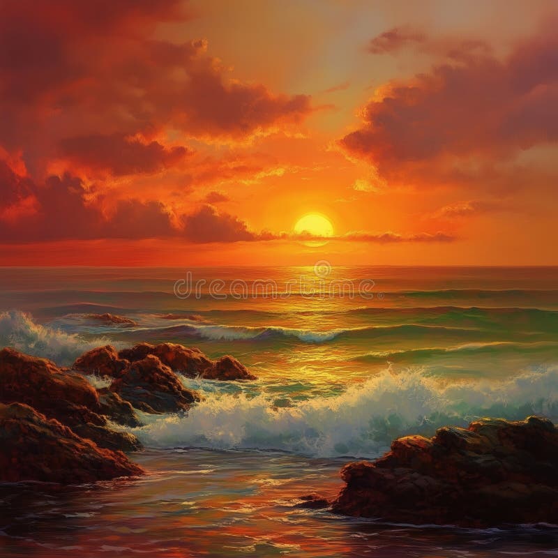 Vibrant Sunset Over Ocean Waves and Rocky Shoreline Stock Photo - Image ...