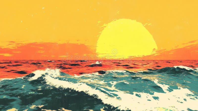 Vibrant Ocean Sunset: Dramatic Waves and Golden Sky Stock Illustration ...