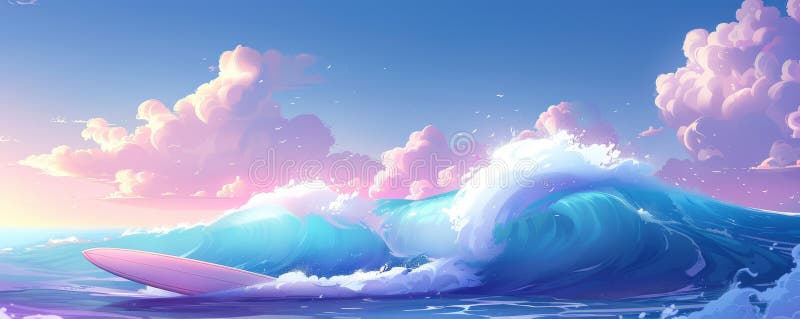 Vibrant Sunset Over Ocean Waves with Surfboard and Pink Clouds Stock ...