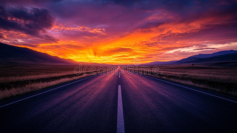 Vibrant Sunset Over Open Highway Stock Illustration - Illustration of ...