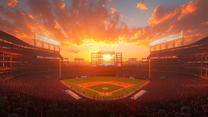 Vibrant Sunset Over a Packed Baseball Stadium, Capturing the Excitement ...