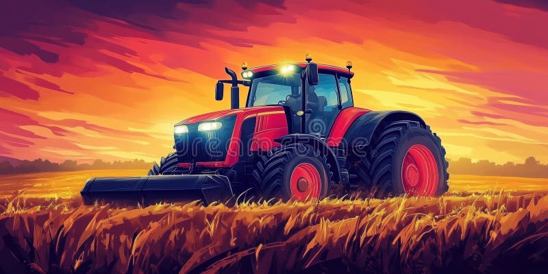 Vibrant Sunset Over a Powerful Red Tractor in a Golden Field Stock ...