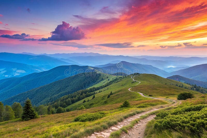 Vibrant Sunset Over Rolling Mountain Range with Winding Path Stock ...