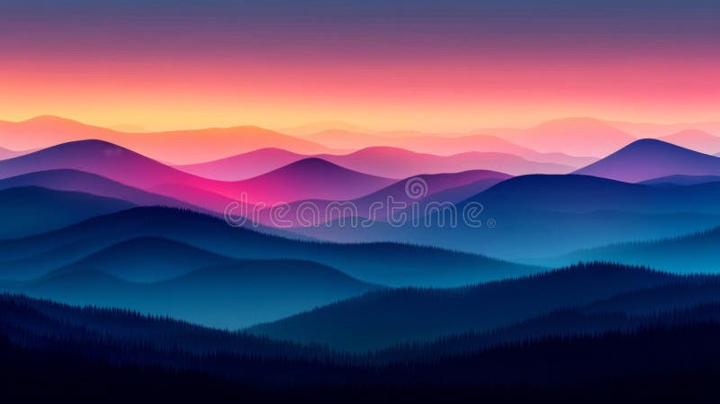 Vibrant Sunset Over Rolling Mountain Ranges Stock Illustration - Illustration of deep, view ...