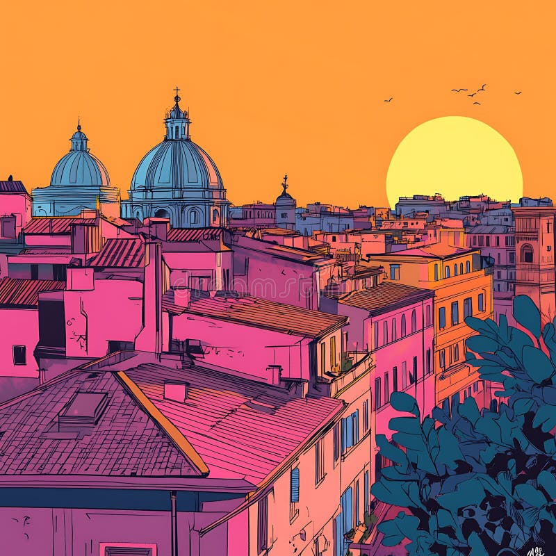 Vibrant Sunset Over Rome S Cityscape, Showcasing Iconic Domes and ...