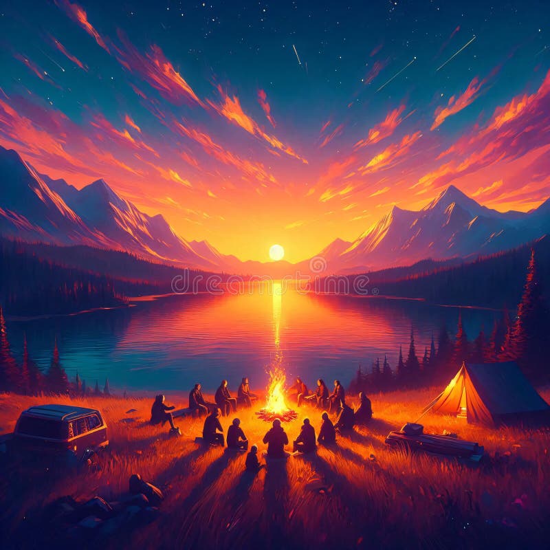 Vibrant Sunset Over a Serene Campsite with People by a Fire Stock ...