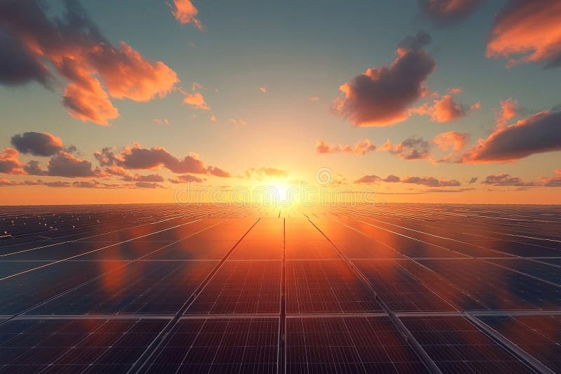Vibrant Sunset Over Solar Panel Array Horizon Renewable Energy ...