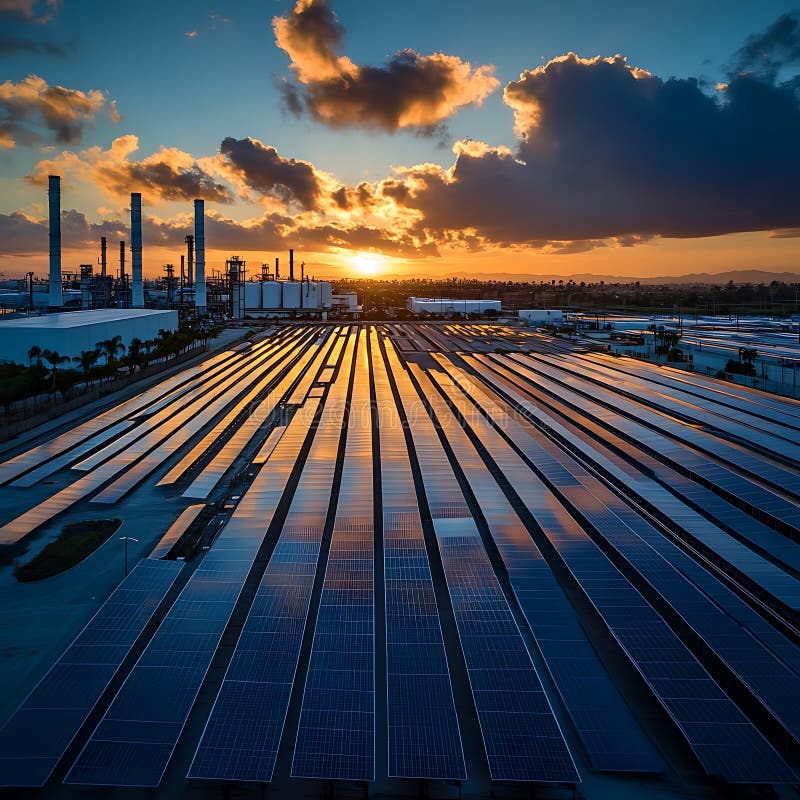 Vibrant Sunset Over Solar Panel Array in Industrial Landscape Stock ...