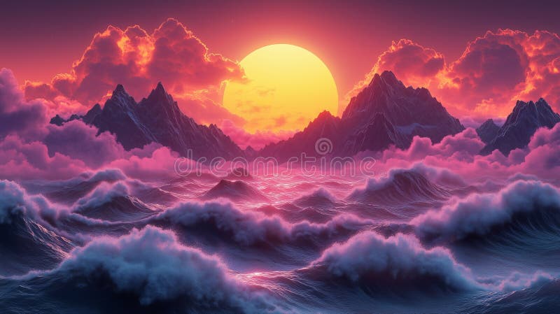 Vibrant Sunset Over Stylized Mountain Range Stock Photos - Free ...