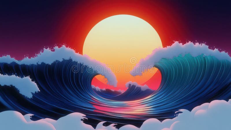 A Vibrant Sunset Over Stylized Ocean Waves, Blending Colors and Forms ...