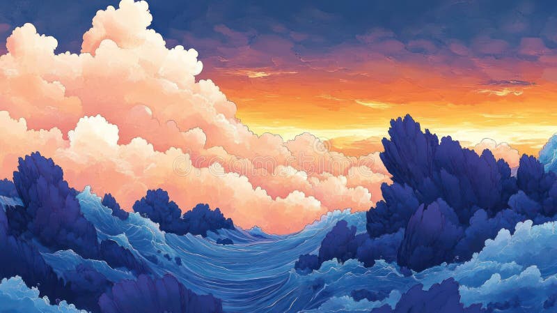 A Vibrant Sunset Over Stylized Ocean Waves and Clouds, Evoking Tranquility and Beauty Stock ...