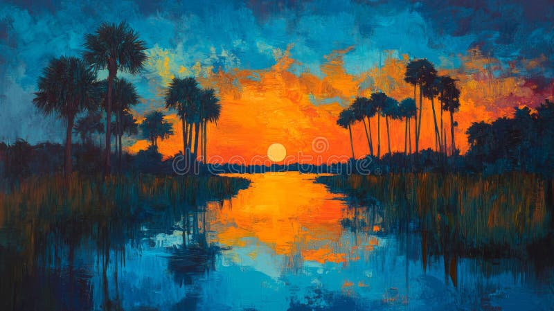 Vibrant Sunset Over a Swamp Landscape with Palm Trees Stock ...