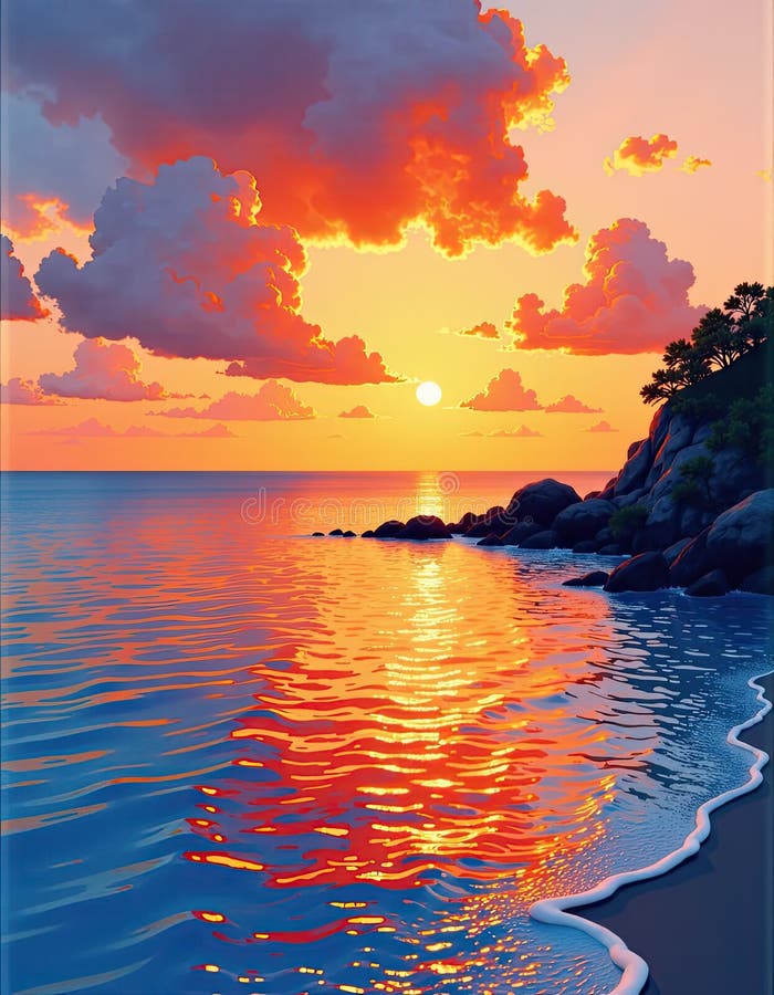 Vibrant Sunset Over Tropical Beach Stock Illustration - Illustration of ...