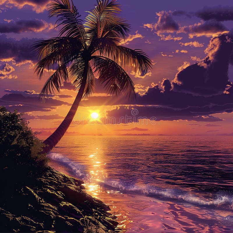 Vibrant Sunset Over Tropical Beach with Palm Tree Stock Image - Image ...