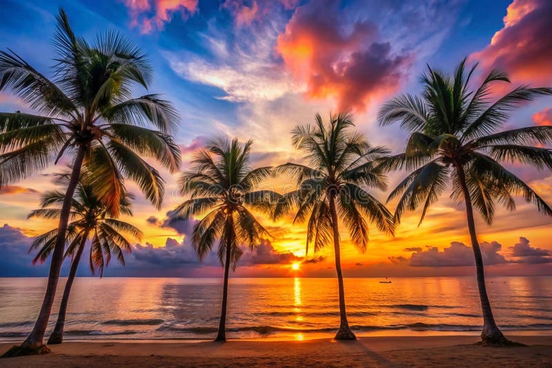 Vibrant Sunset Over a Tropical Beach with Palm Trees Stock Image ...