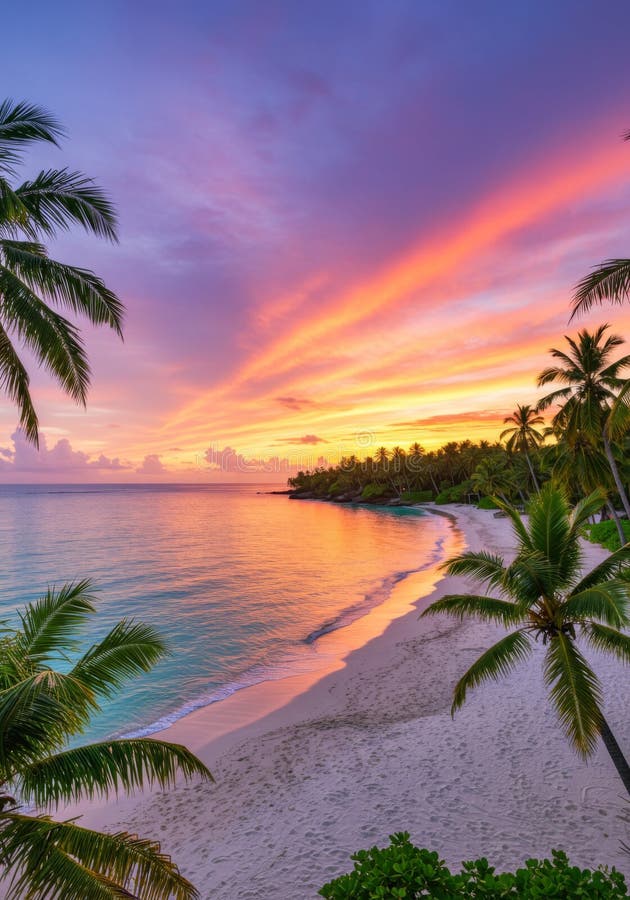 Vibrant Sunset Over Tropical Beach with Palm Trees Stock Photo - Image ...