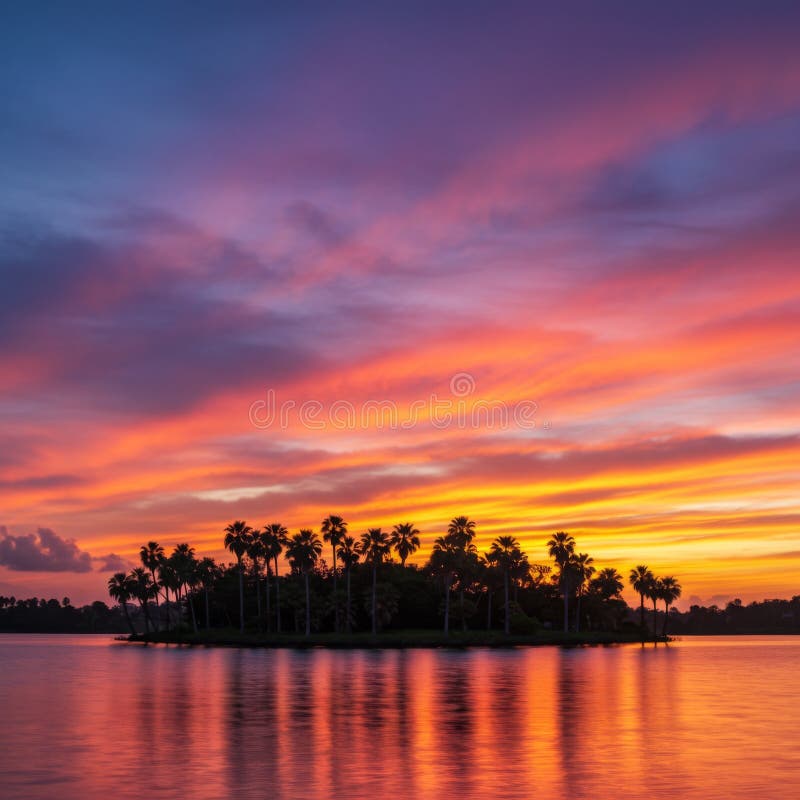 Vibrant Sunset Over Tropical Island Lake Stock Image - Image of calm ...