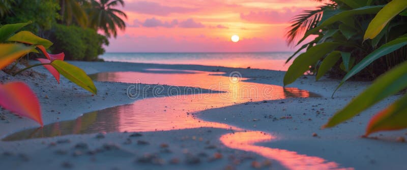 Vibrant Sunset Over Tropical Waters with Pink Sky and Lush Vegetation ...