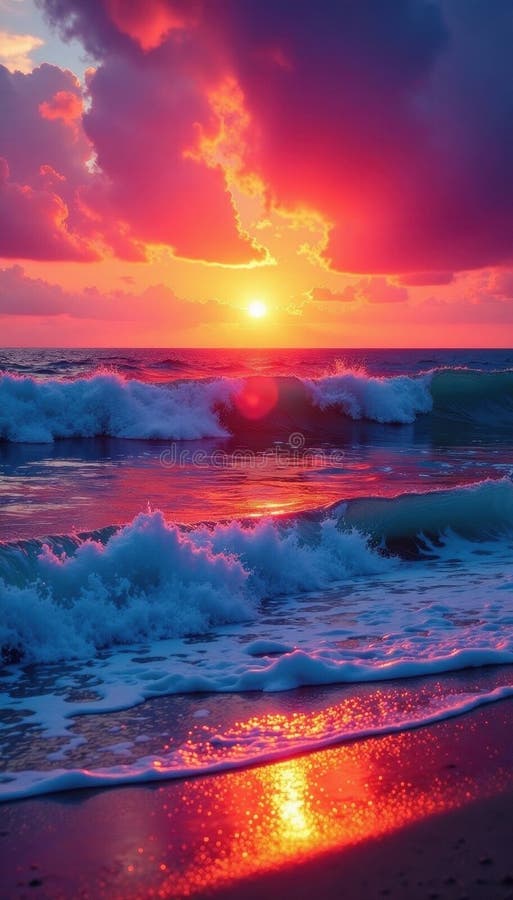 Vibrant Sunset Paints Ocean Waves on Sandy Beach, Water, Ocean, Sunset ...