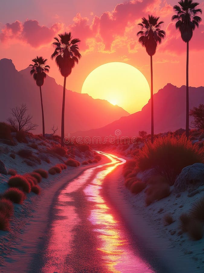 Vibrant Sunset Pathway through Desert Landscape with Palm Trees and ...