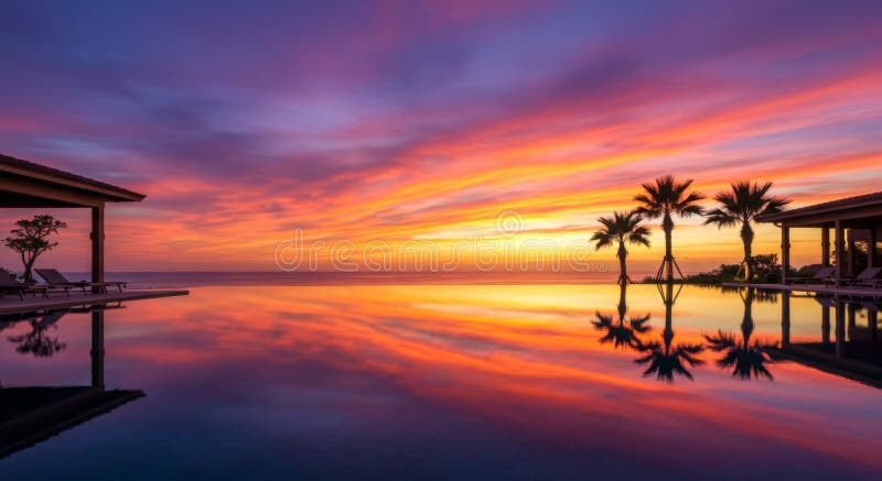 Vibrant Sunset Reflecting in Infinity Pool Stock Illustration ...