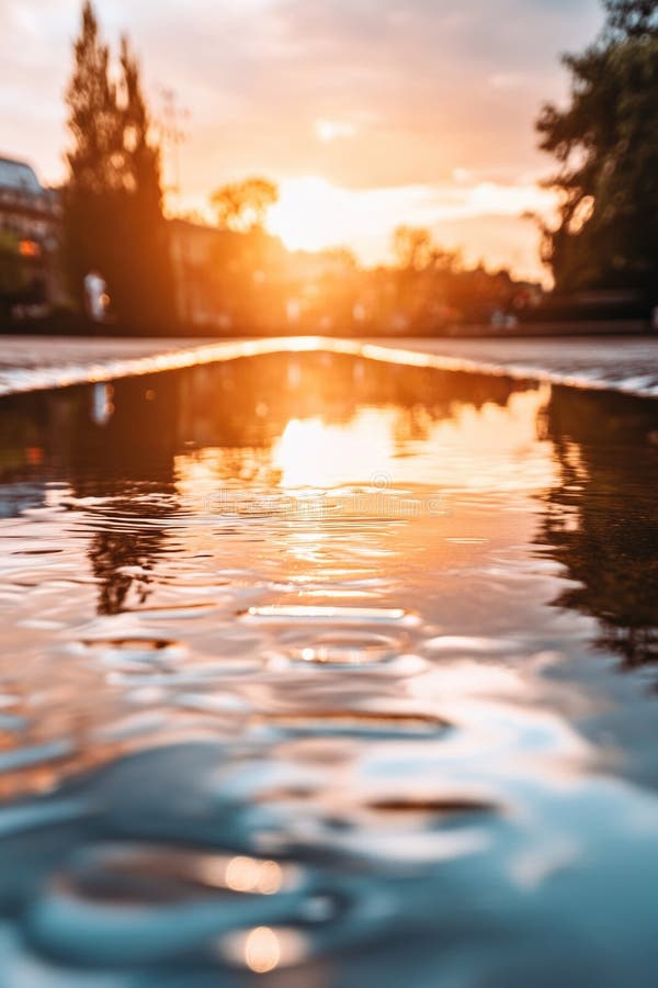 Vibrant Sunset Reflecting Tranquil Water Pool Urban Setting Stock ...