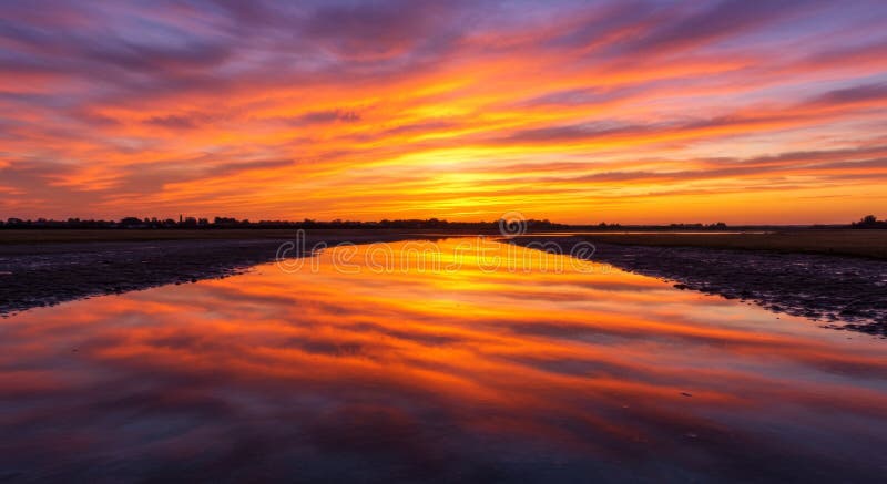 Vibrant Sunset Reflection in Calm Water Stock Illustration ...