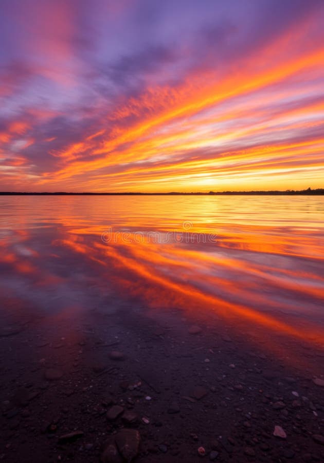 Vibrant Sunset Reflection on Calm Water Stock Illustration ...