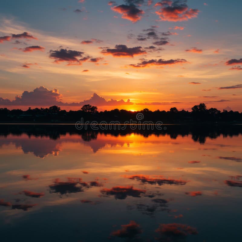Vibrant Sunset Reflection Over Still Water Stock Illustration ...