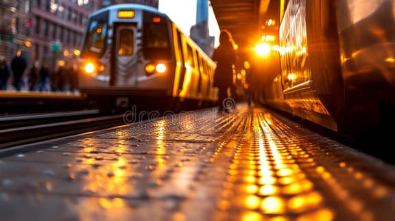 Vibrant Sunset Reflection on Subway Platform with Commuters and Moving ...