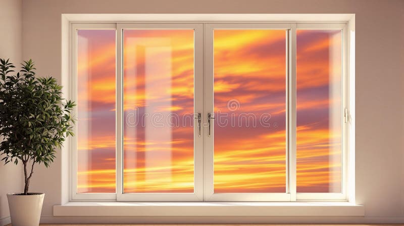 Vibrant Sunset Reflections in Modern Window with Minimalist Decor Stock ...