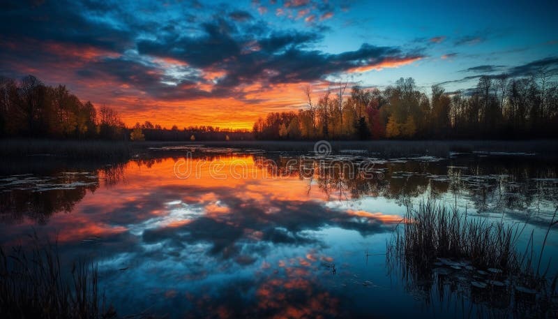 Vibrant Sunset Reflects on Tranquil Forest Pond Generated by AI Stock ...