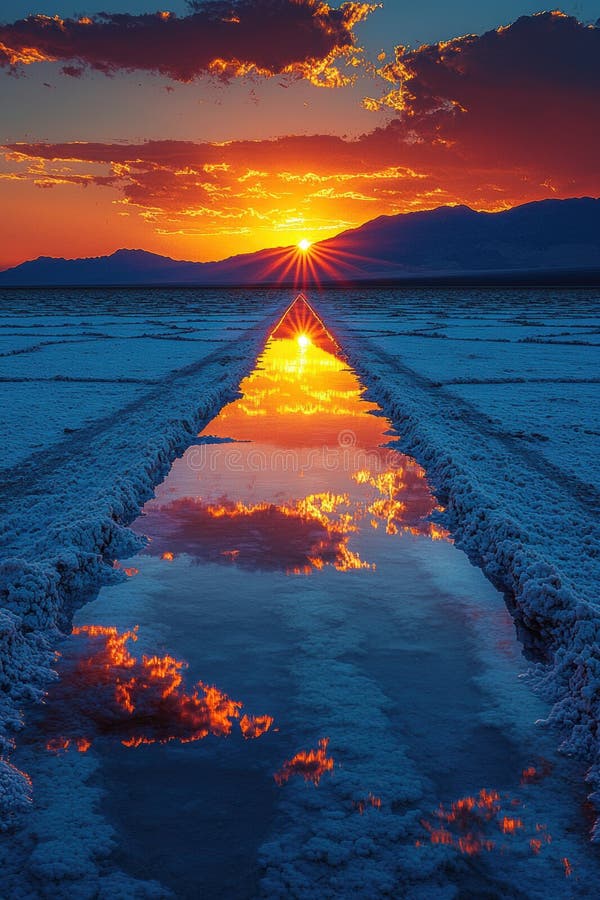 Vibrant Sunset Reflects on Water Filled Path in Barren Salt Flat ...