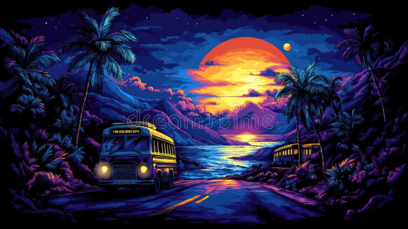 Vibrant Sunset Road Trip with Bus and Tropical Landscape Stock Photo ...