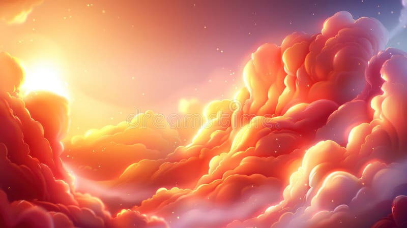 A Vibrant Sunset Scene with Fluffy Clouds Illuminated by Warm Colors ...