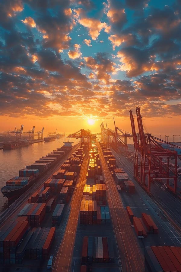 Port Cranes Loading Containers on a Cargo Ship at the Port. Elevated ...