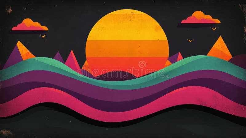 A Vibrant Sunset Scene with Stylized Waves and Mountains in Bold Colors ...