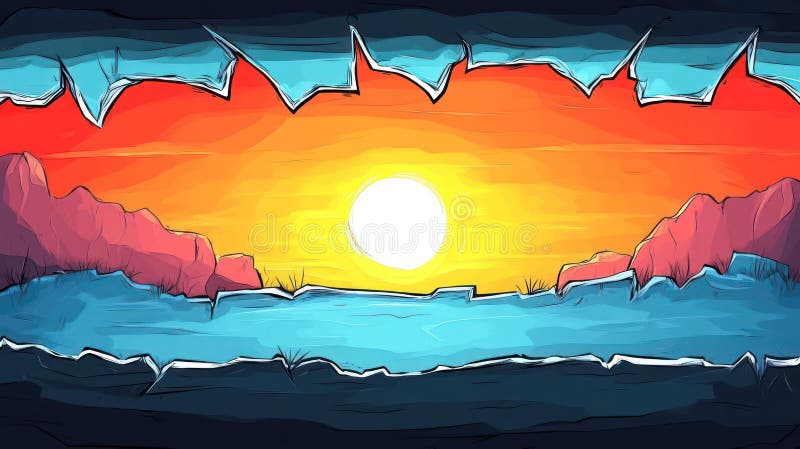 A Vibrant Sunset Scene with a Sun Rising Over a Stylized Landscape ...