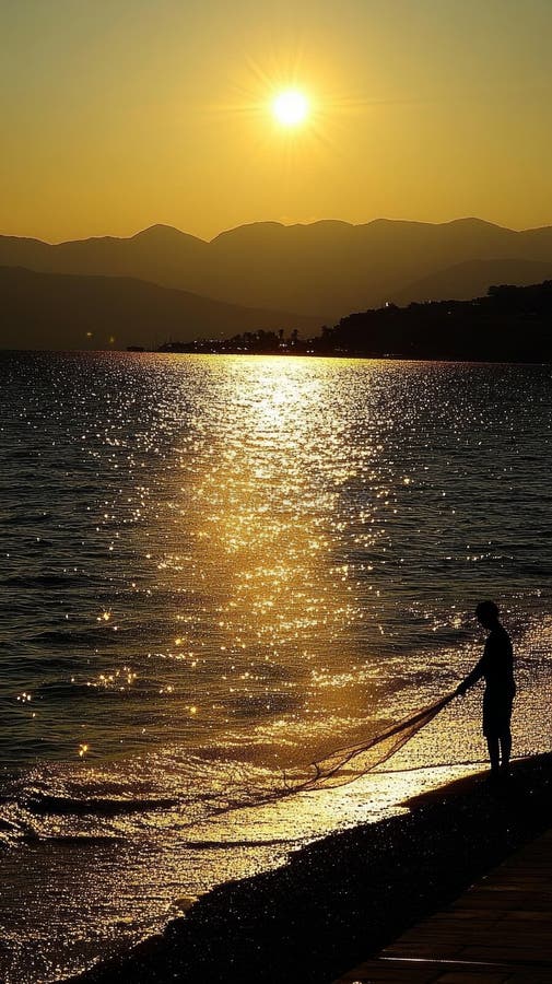 A Vibrant Sunset Serves As the Backdrop for a Fisherman Silhouetted ...