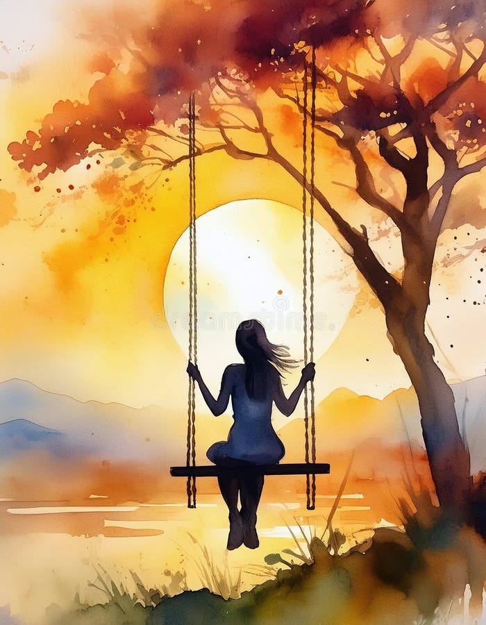 Vibrant Sunset with Silhouette on Swing, Evoking Calm and Inspiration ...