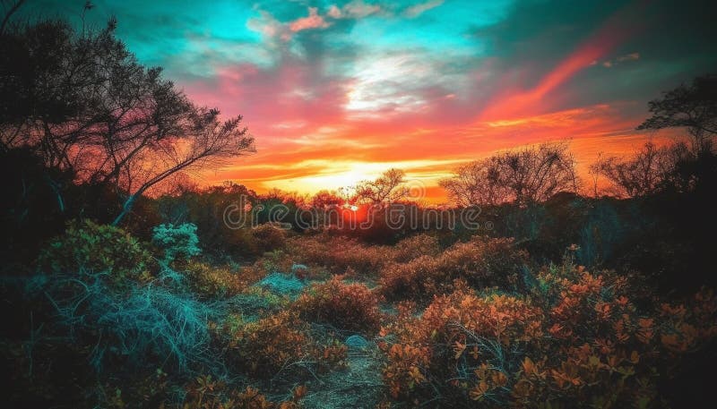 Vibrant Sunset Sky Backlit Tree Silhouette Beauty Generated by AI Stock ...