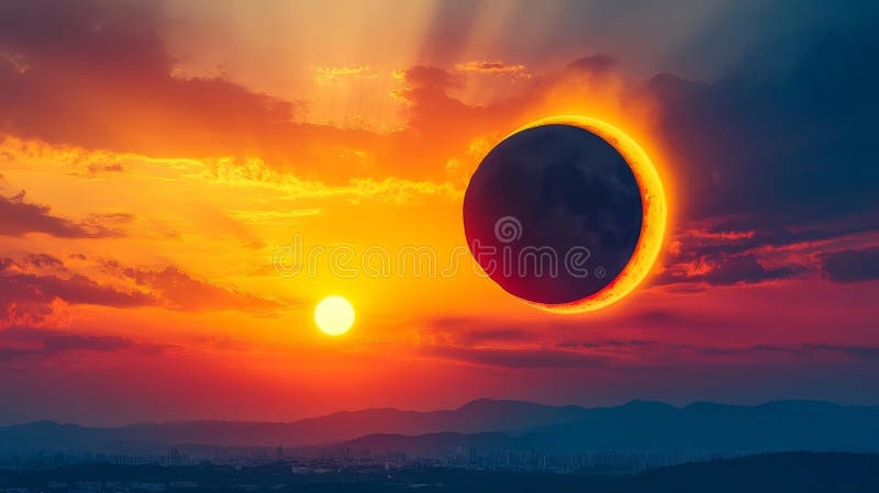 Vibrant Sunset Sky with a Partial Solar Eclipse Taking Place Stock ...