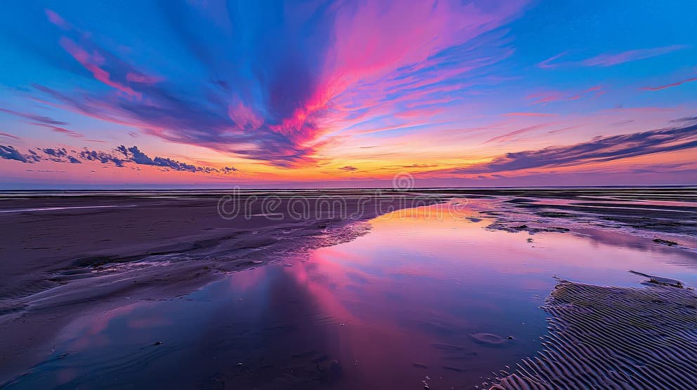 A Vibrant Sunset Sky Reflected in a Puddle on the Beach Stock Photo ...