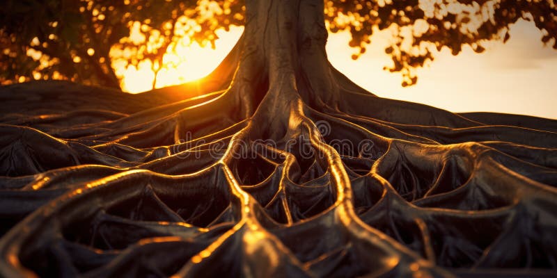 Vibrant Sunset through Tree Roots Stock Illustration - Illustration of ...