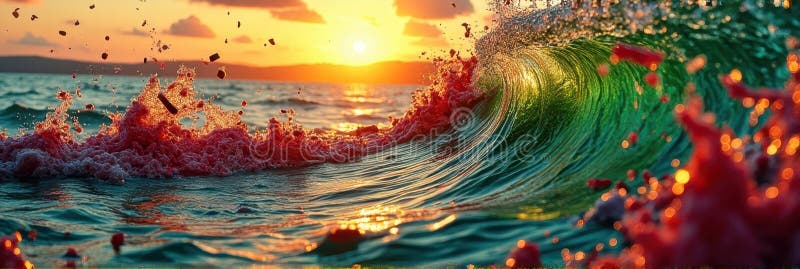 Vibrant Sunset Waves Crashing with Sparkling Ocean Spray and Fiery Sky ...