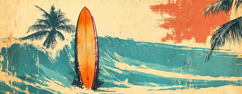 A Vibrant Surf Scene with a Surfboard Riding a Colorful Wave Under Palm ...