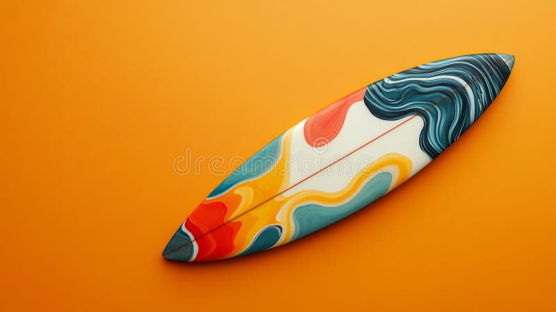 A Vibrant Surfboard with Abstract Wavy Patterns on an Orange Backdrop ...